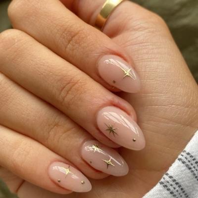 China 24pcs Nude Gold Star Design Pattern Artifical Nails Almond Glossy for sale