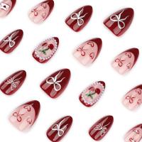 China 24Pcs Red Cherry Bow 3D Press On Nails Almond Glossy Cute Sweet Heart Nails for sale