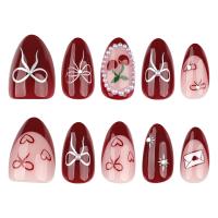 China 24Pcs Red Cherry Bow 3D Press On Nails Almond Glossy Cute Sweet Heart Nails for sale