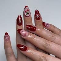 China 24Pcs Red Cherry Bow 3D Press On Nails Almond Glossy Cute Sweet Heart Nails for sale
