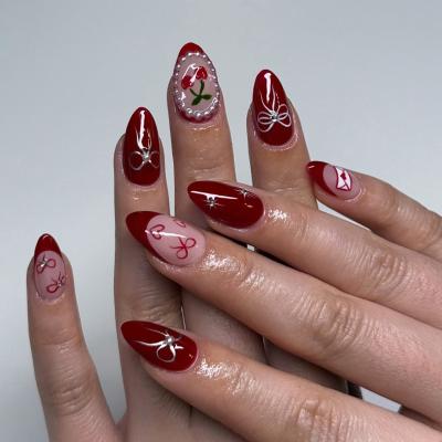 China 24Pcs Red Cherry Bow 3D Press On Nails Almond Glossy Cute Sweet Heart Nails for sale