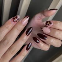 China 24pcs Dark Brown Leopard Floral Press On Nails Almond Glossy for sale