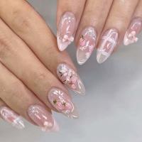 China Pink Strawberry 24pcs 3D Fake Nails Bow Almond Glitter Waterproof for sale