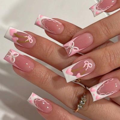 China Medium Coffin French Tip Press On Nails Cute Pink French Press On Nails For Girls for sale