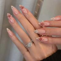 China Long Almond Polka Dot French Tip Press On Nails 3D Pink Flower For Party Wedding for sale
