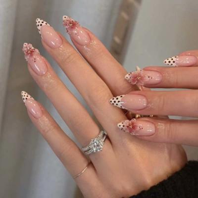 China Long Almond Polka Dot French Tip Press On Nails 3D Pink Flower For Party Wedding for sale