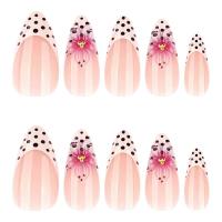 China Long Almond Polka Dot French Tip Press On Nails 3D Pink Flower For Party Wedding for sale