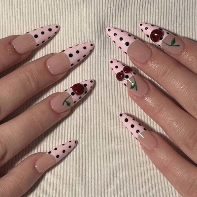 China Polka Dot French Tip Nails Fake Long Almond French Tip Manicure Nails for sale