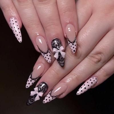 China 24pcs Pink Black Polka Dot Nails Glossy French Tip Pink Nails for sale