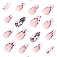 China 24pcs Pink Black Polka Dot Nails Glossy French Tip Pink Nails for sale