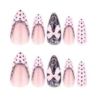 China 24pcs Pink Black Polka Dot Nails Glossy French Tip Pink Nails for sale