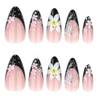 China Long Black French Tip Fake Nails Floral Almond French Tip Nails Standard for sale