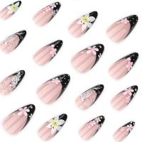 China Long Black French Tip Fake Nails Floral Almond French Tip Nails Standard for sale