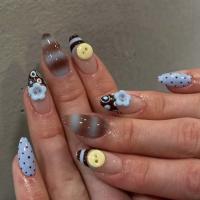 China FDA Almond 3D Nails Cute Retrobutton Flower Bright Polka Dot Nails for sale
