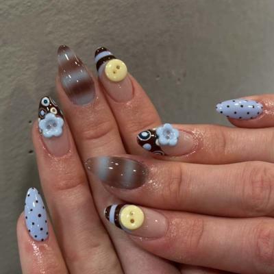 China FDA Almond 3D Nails Cute Retrobutton Flower Bright Polka Dot Nails for sale