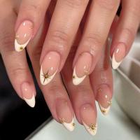 China Medium Almond French Tip Press On Nails Nude Pink Minimalist Gold for sale