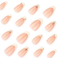 China Medium Almond French Tip Press On Nails Nude Pink Minimalist Gold for sale