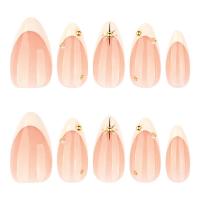 China Medium Almond French Tip Press On Nails Nude Pink Minimalist Gold for sale