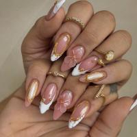 China Palace Style 3D Press On Nails Nude Pink Almond Nails For Wedding Party for sale