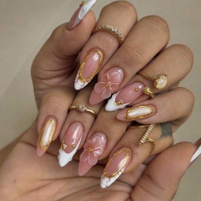 China Palace Style 3D Press On Nails Nude Pink Almond Nails For Wedding Party for sale