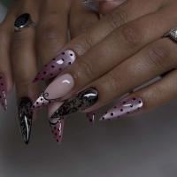 China Gothic Sweet Holiday False Nails Black Pink Stiletto Polka Dot Nails Lace Bow Design for sale