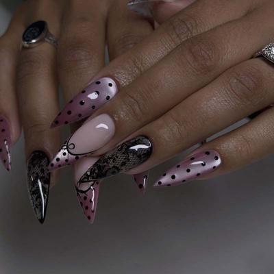 China Gothic Sweet Holiday False Nails Black Pink Stiletto Polka Dot Nails Lace Bow Design for sale