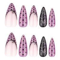 China Gothic Sweet Holiday False Nails Black Pink Stiletto Polka Dot Nails Lace Bow Design for sale