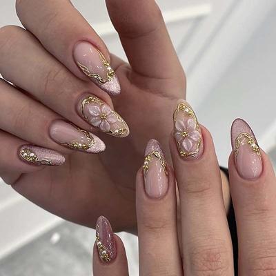China Luxury Palace Style 3D Press On Nails Nude Pink Cat Eye Nails For Wedding for sale