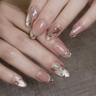 China Nude Pink Almond Cat Eyes Press On Nails 24pcs Chinese Style 3D False Nails for sale