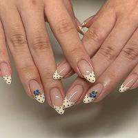 China Cute Blueberry French Tip Press On Nails Nude Almond White with Black Polka Dots for sale