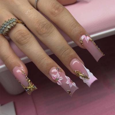 China Luxury Press On 3D Nails Long Tapered Pink Jelly Base Flower Gold Dragonfly Charm for sale