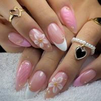 China Nude Pink Almond 3D Press On Nails For Wedding Daily Dating for sale