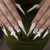 China Gothic Black White Press On Holiday Nails Stiletto Bow Design Dark Bride for sale