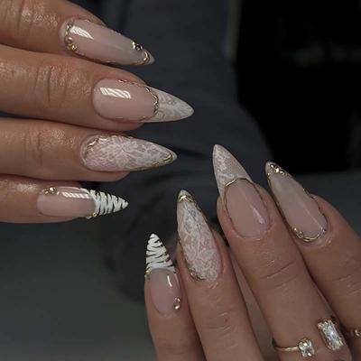 China Nude Stiletto French Tip Artificial Nails Mirror Powder Border For Party Daily Dating for sale
