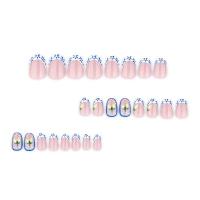 China Blue Floral Pattern Press On Nails Short Round Fake Nails With Yellow Flower for sale