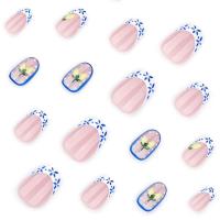 China Blue Floral Pattern Press On Nails Short Round Fake Nails With Yellow Flower for sale