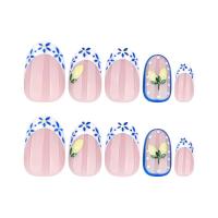 China Blue Floral Pattern Press On Nails Short Round Fake Nails With Yellow Flower for sale