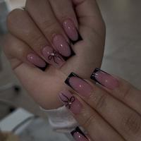China Sweet Cool Bow French Tip False Nails Medium Square Bow With Rhinestone for sale