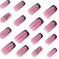 China Sweet Cool Bow French Tip False Nails Medium Square Bow With Rhinestone for sale