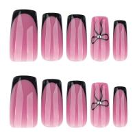 China Sweet Cool Bow French Tip False Nails Medium Square Bow With Rhinestone for sale