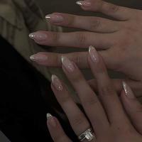 China Medium Square French Tip Press On Nails Nude Pink Elegant Daily Wedding for sale