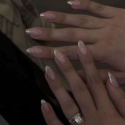 China Medium Square French Tip Press On Nails Nude Pink Elegant Daily Wedding for sale