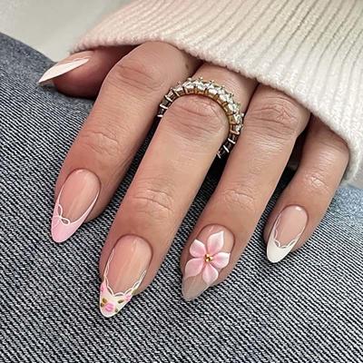 China Almond 3D Press On Nails Nude Base White Line French Tip 3D Nails for sale