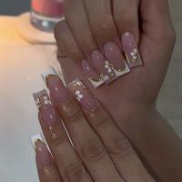 China White Flower Modern French Press On Nails Medium Square Nude Pink For Wedding Dating for sale