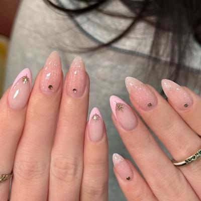 China Starry Glitter French Tip False Nails Medium Almond Rhinestone For Dating Party for sale