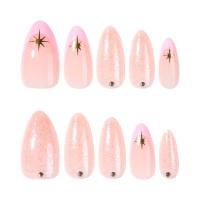 China Starry Glitter French Tip False Nails Medium Almond Rhinestone For Dating Party for sale