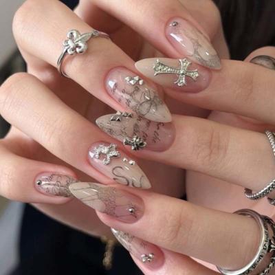 China Vintage Punk Cross Rhinestone Press On Nails Medium Fake Nails With Jewels for sale