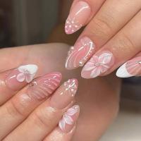 China Medium 3D Press On Nails Almond Nude Pink Pearl Rhinestone Nails for sale