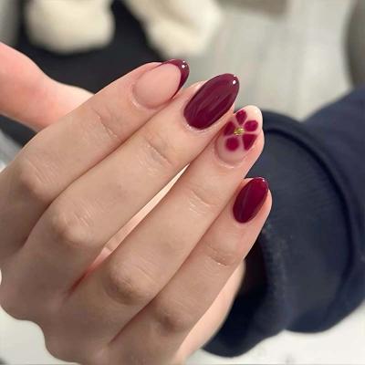 China Burgundy Red Pattern False Nails Medium Oval Autumn Fake Nails for sale