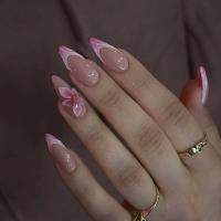 China Pink Flower 3D Press On Nails Long Almond French Tip Romantic Brida for sale